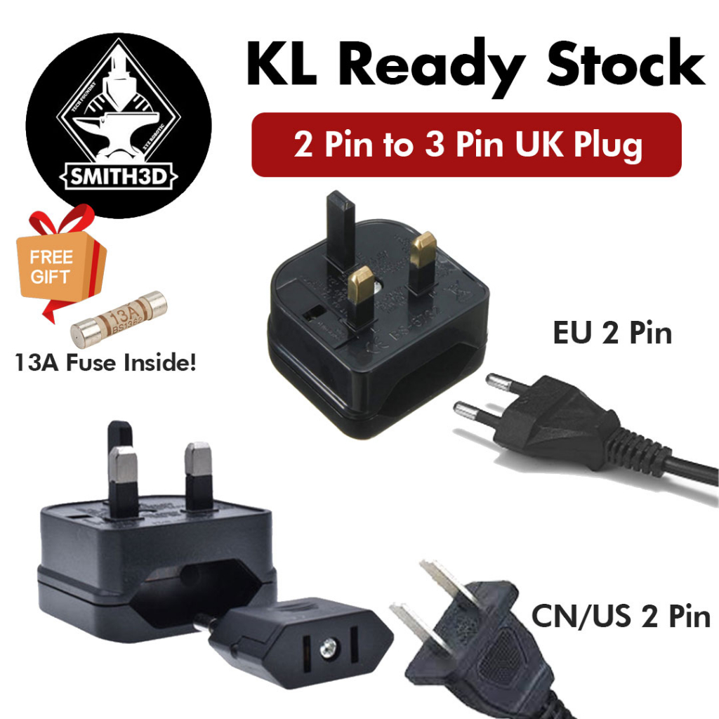 2 Pin to 3 Pin Conversion Plug CN US EU to UK 13A Fuse Protection Flat ...