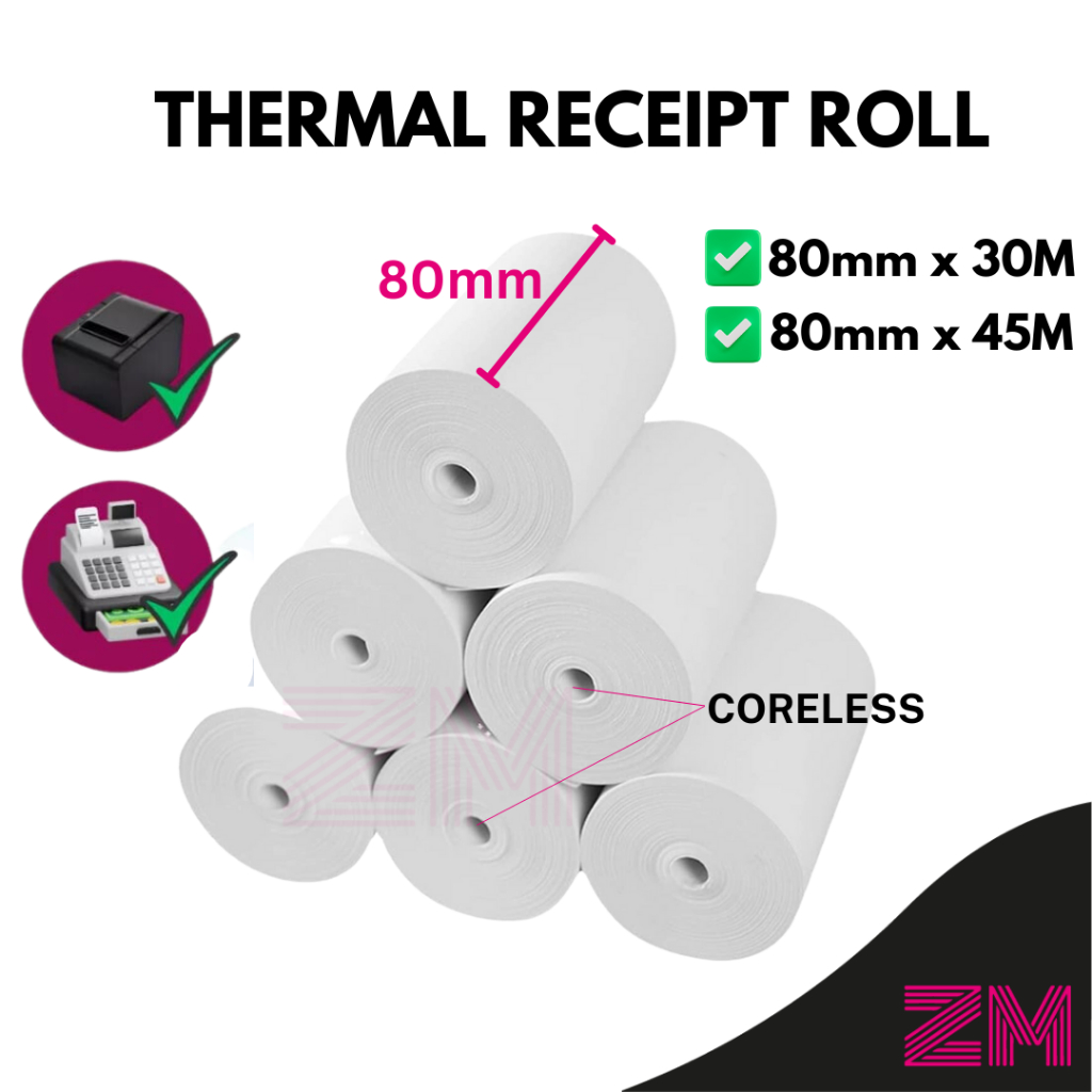 Coreless Thermal Receipt Roll 80mm x 30m/80mm x 45m /收银纸 /Cashier ...