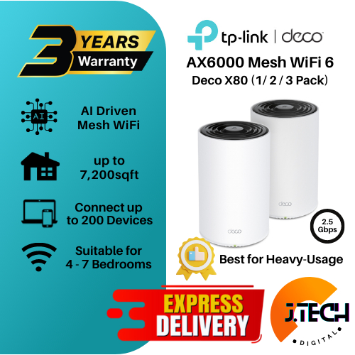 TP-Link Deco X80 AX6000 Whole Home AI-Driven 2.5G Dual-Band Mesh WiFi 6 Router System with ...