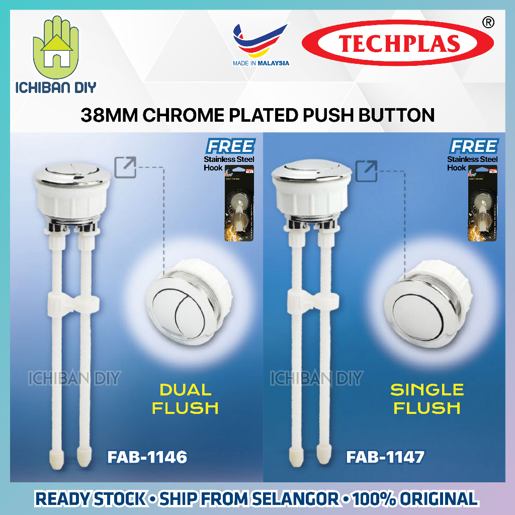 Techplas Single/Dual Flush Push Button FAB-1146 FAB-1147 Cistern 38mm Chrome Plated Water Tank ...