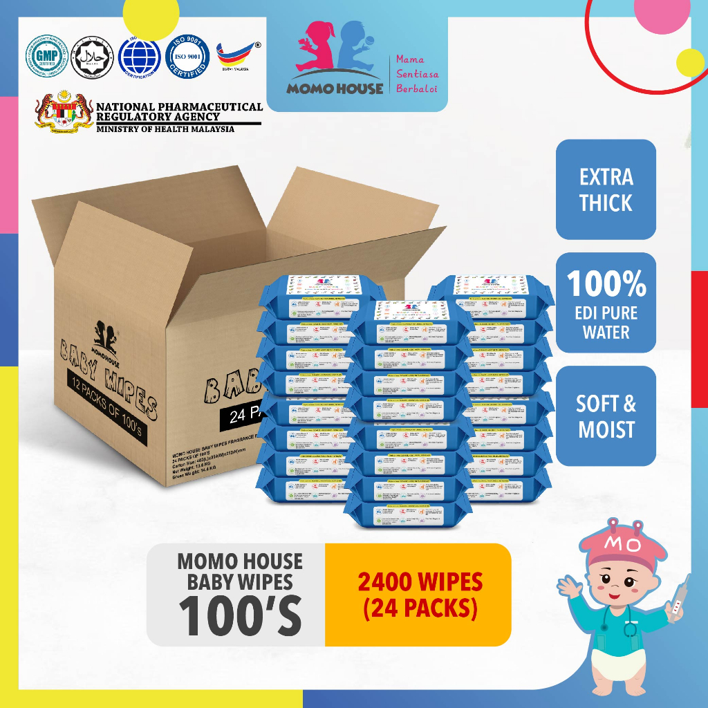 CARTON (100's x 24 Packs) Premium MOMO HOUSE Baby Wipes - (Non-Alcohol ...