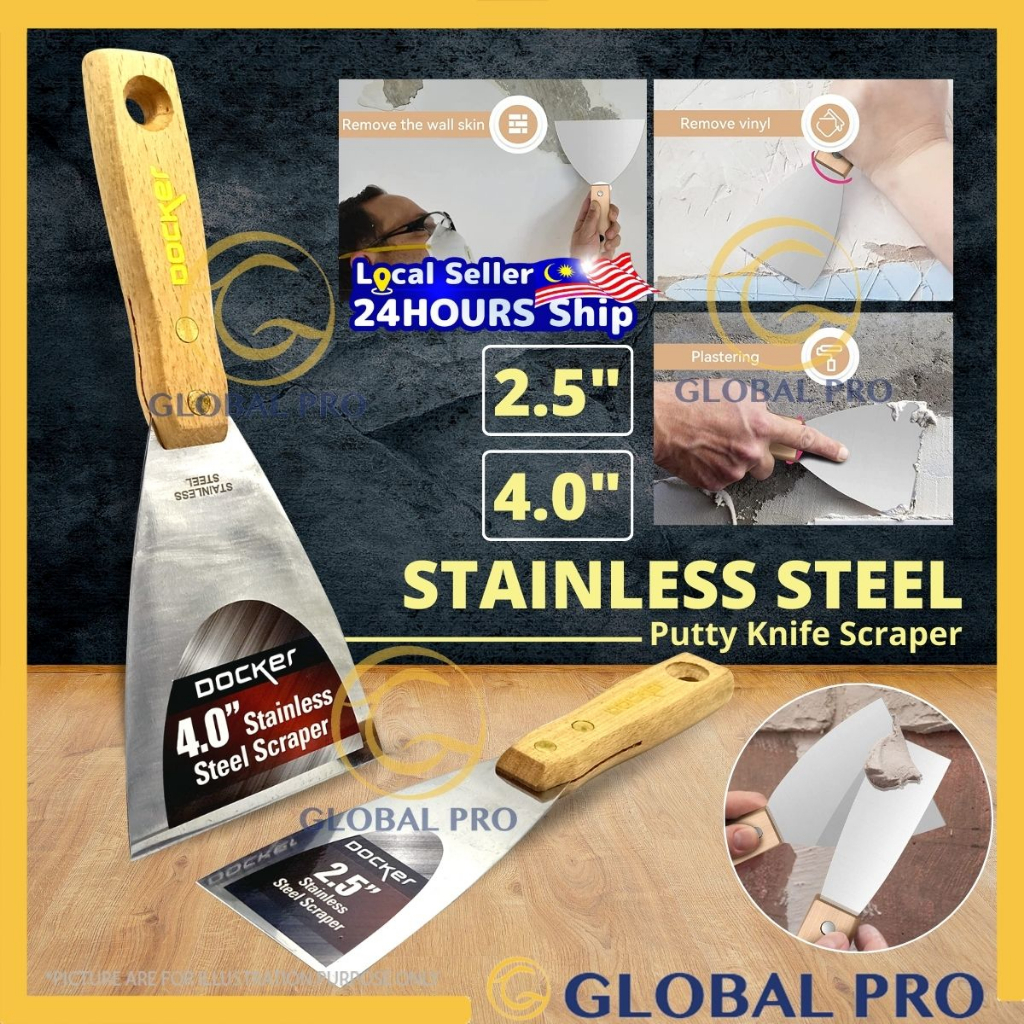 2.5" / 4" DOCKER Stainless Steel Putty Scrapers Wood Handle Taping ...