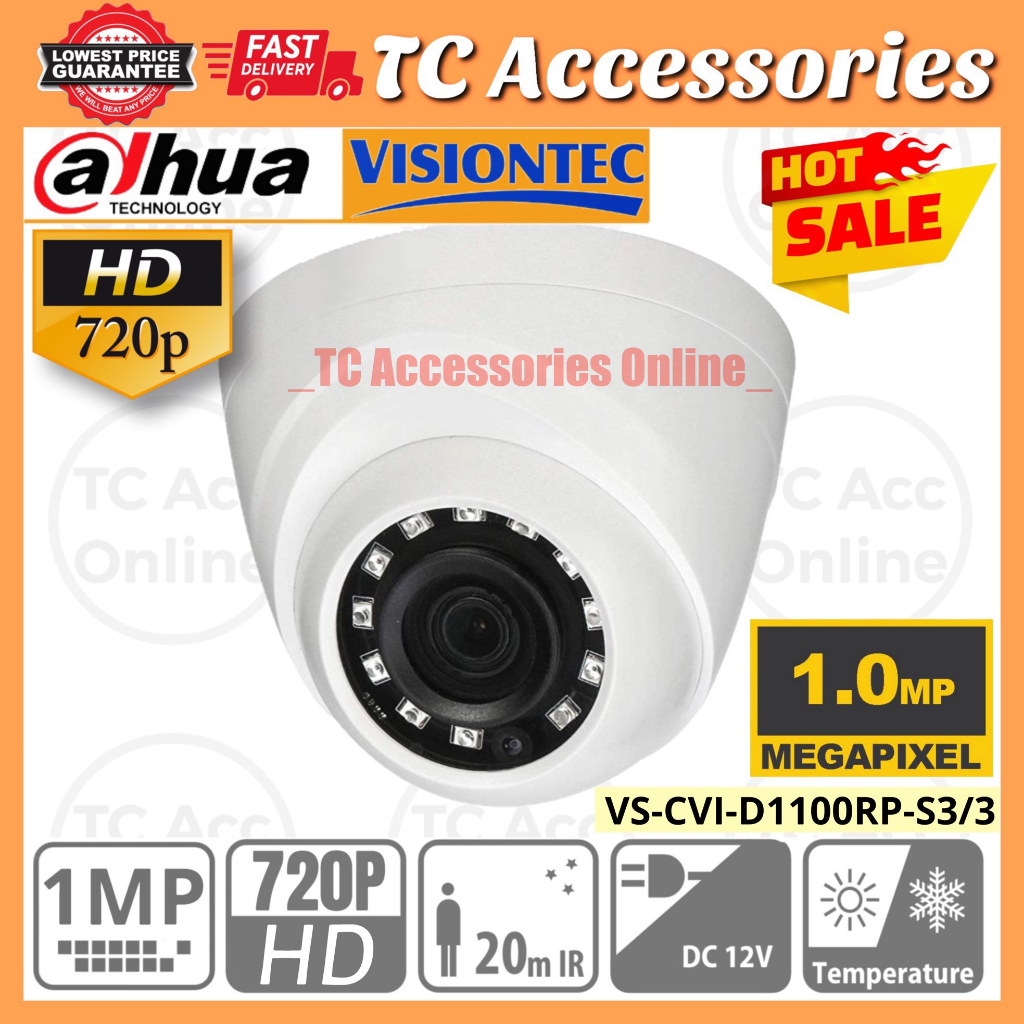 VISIONTEC by DAHUA VS-CVI-D1100RP-S3/3 1MP 720p HDCVI Indoor Security Dome Camera Video Recorder ...