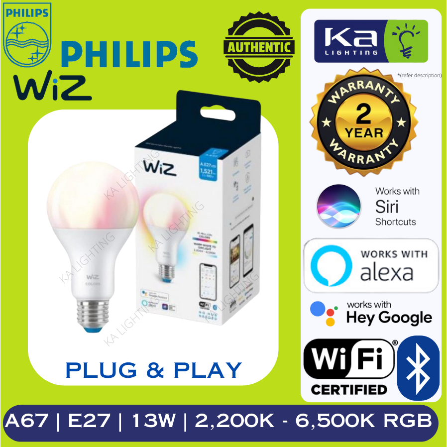 PHILIPS WiZ E27 LED Smart Lighting Tunable White and Colour Bulb (A67 13W 2700K-6500K +RGB ...