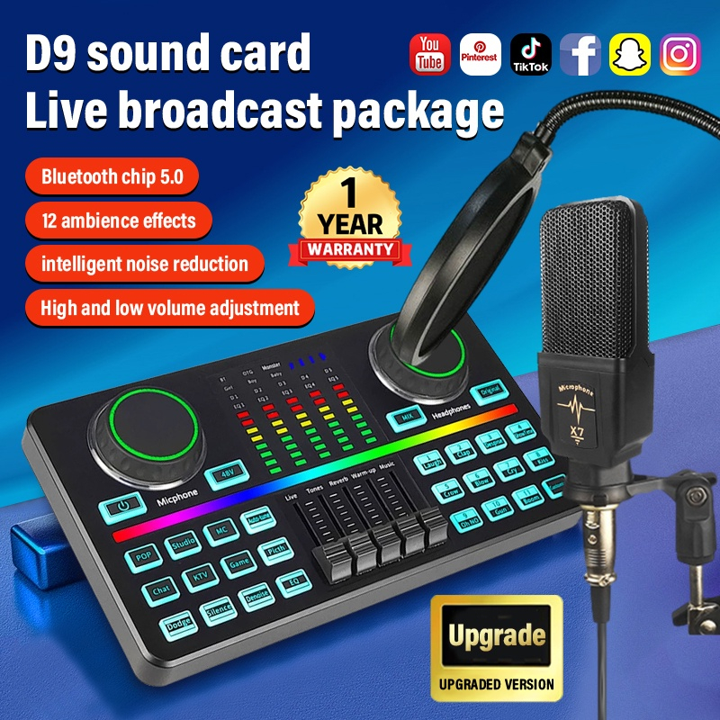DPS Mixer Live Sound Card with Bluetooth, 16 Sound + 9 Knobs + Microphone Full Set for Live ...