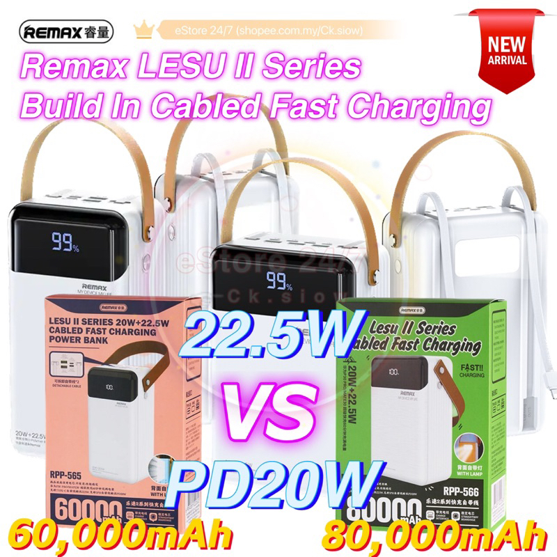Remax RPP 565 566 22.5W PD QC 3.0 VOOC 20W 60000mah 80000mAh Powerbank Build In Cable Type C L ...