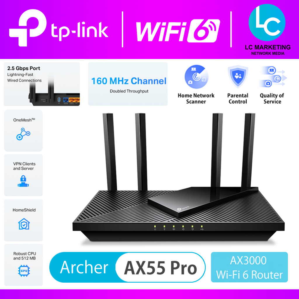 TP-Link Archer AX55 Pro AX3000 Multi-Gigabit Wi-Fi 6 Router with 2.5G ...