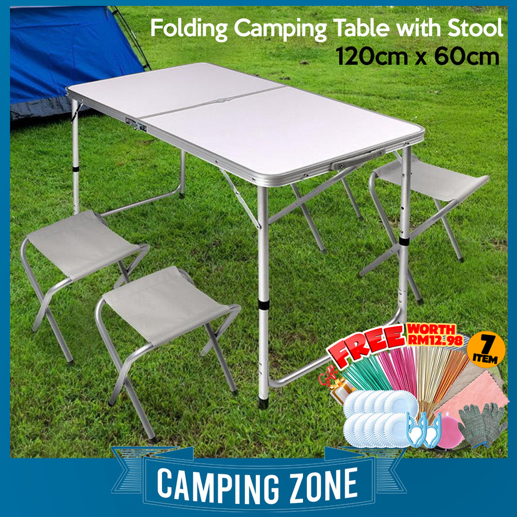 120 x 60cm Aluminum Portable Folding Camping Table 4 Folding Stools ...