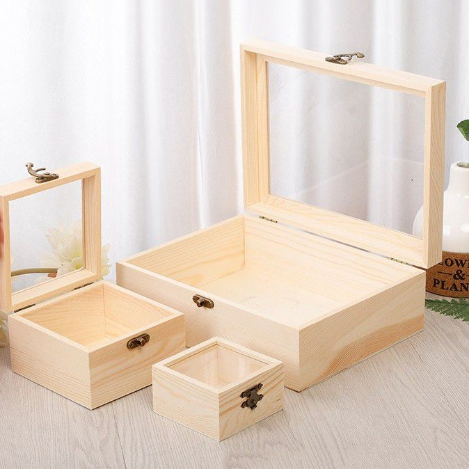 Wooden Box Plain Wood with Display Glass Lid Cover Hinge lockable Kotak ...