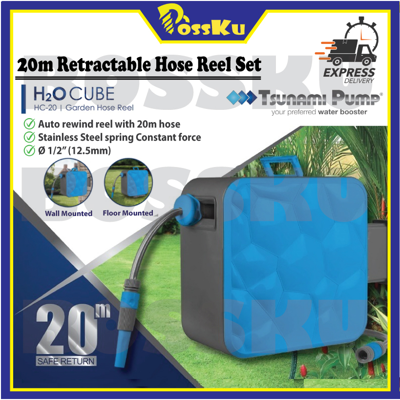 Tsunami Pump 20M AUTO Rewind Wall Mounted & Retractable Garden Water ...