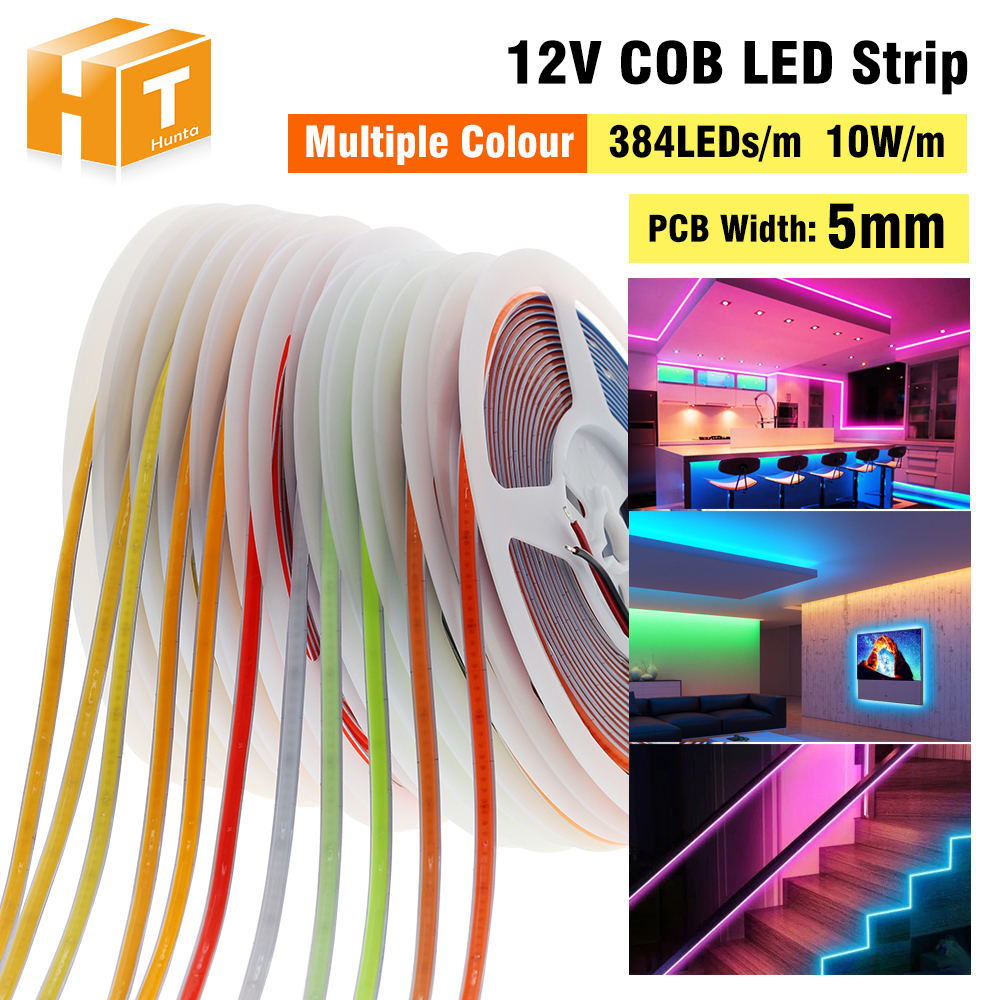 12V COB LED Strip Light 384leds/m 5mm COB String Light White/Red/Yellow ...