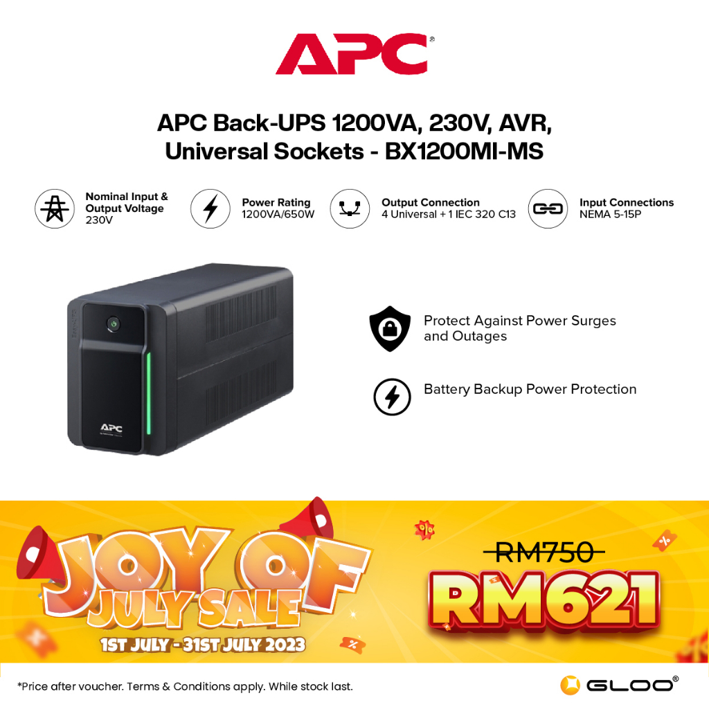 APC Back-UPS 1200VA, 230V, AVR, Universal Sockets BX1200MI-MS - Black ...