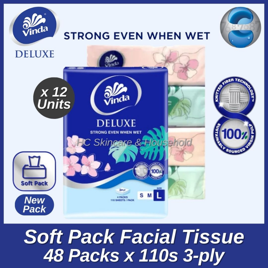 Vinda Deluxe Soft Pack Facial Tissue Large 3ply - (4 x 110's) x 12 ...