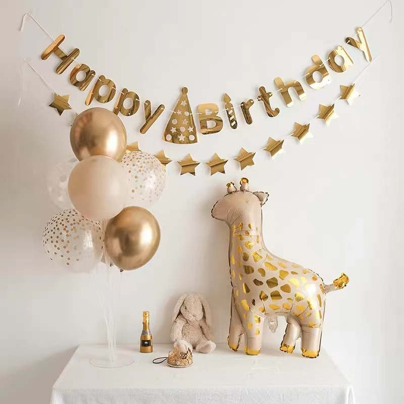 INS Theme Gold Happy Birthday Flag Banner Balloon Jungle Giraffe Baby ...