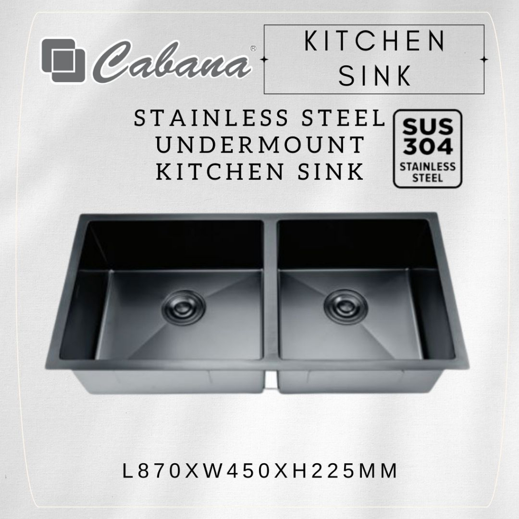 CABANA Undermount Matt Black Double Kitchen Sink 1.2mm Thick Stainless Steel 304 Kitchen Sink ...