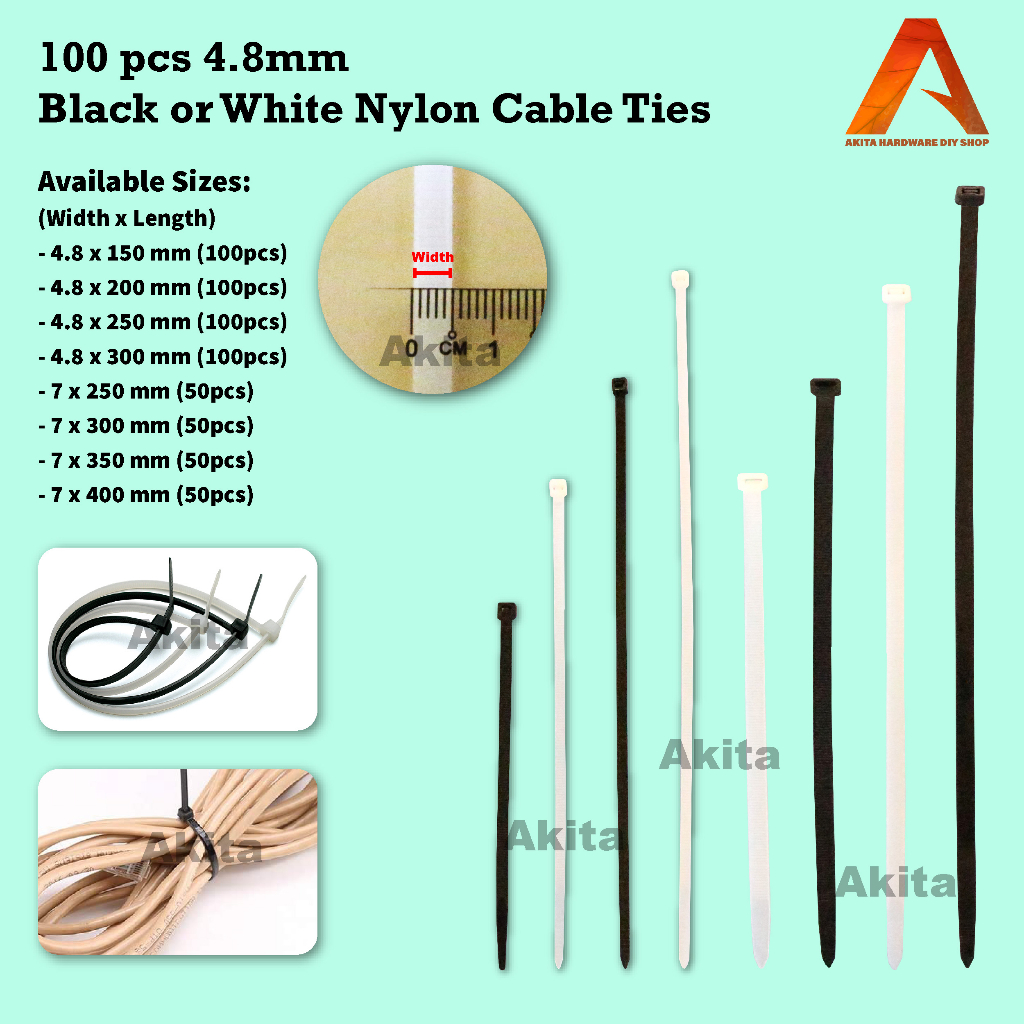 100pcs 4.8mm x 6'' 8'' 10'' 12'' White / Black Nylon Cable Tie Cable ...