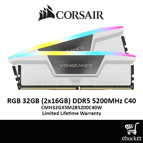 CORSAIR VENGEANCE RGB 32GB (2x16GB) DDR5 5200MHz C40 PC RAM - CMH32GX5M2B5200C40W (WHITE ...