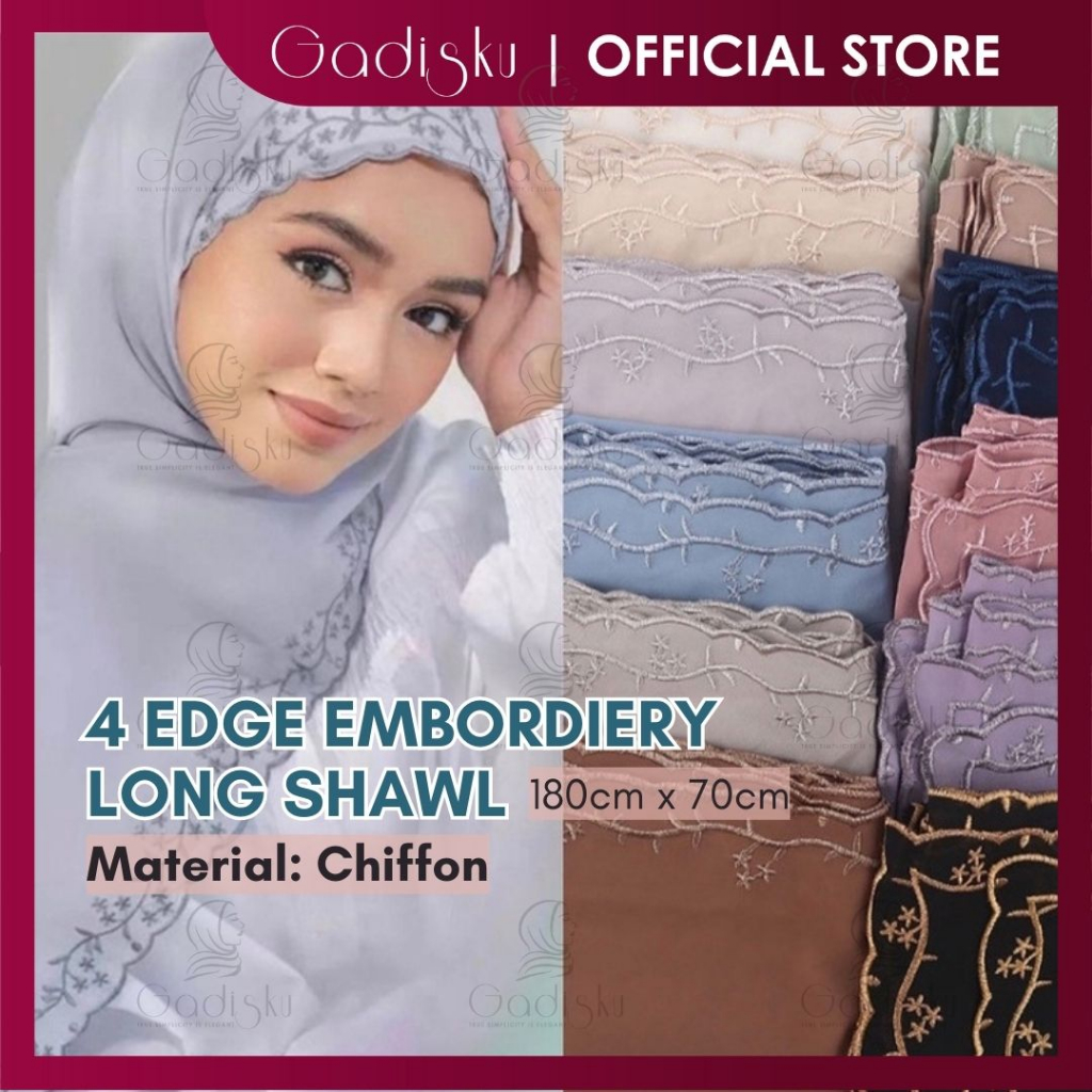 [SHAWL 4 EDGE EMBROIDERY] Chiffon Sulam Tudung 180cm x 70cm | Shopee ...