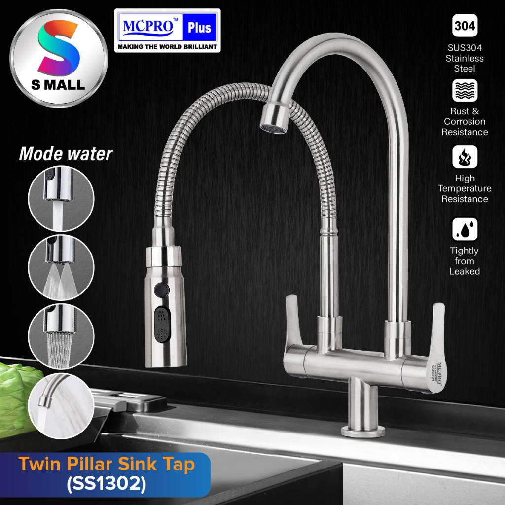 MCPRO PLUS SUS304 Stainless Steel Faucet UNIVERSAL PILLAR Double Handle ...