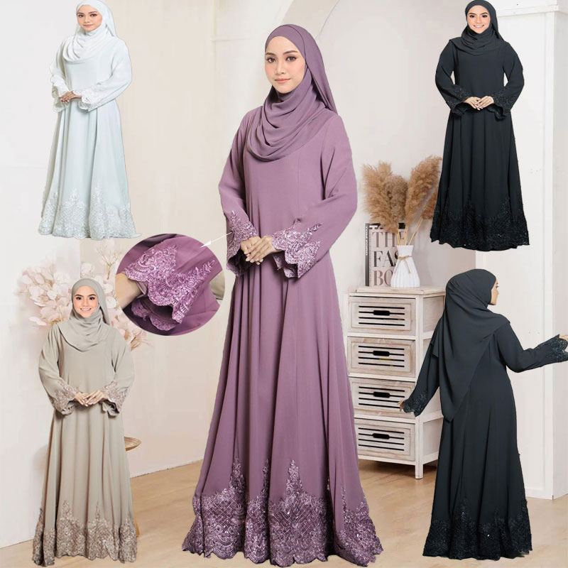 ERYNA ABAYA Premium chiffon embroidery Lace jubah muslimah abaya robe ...