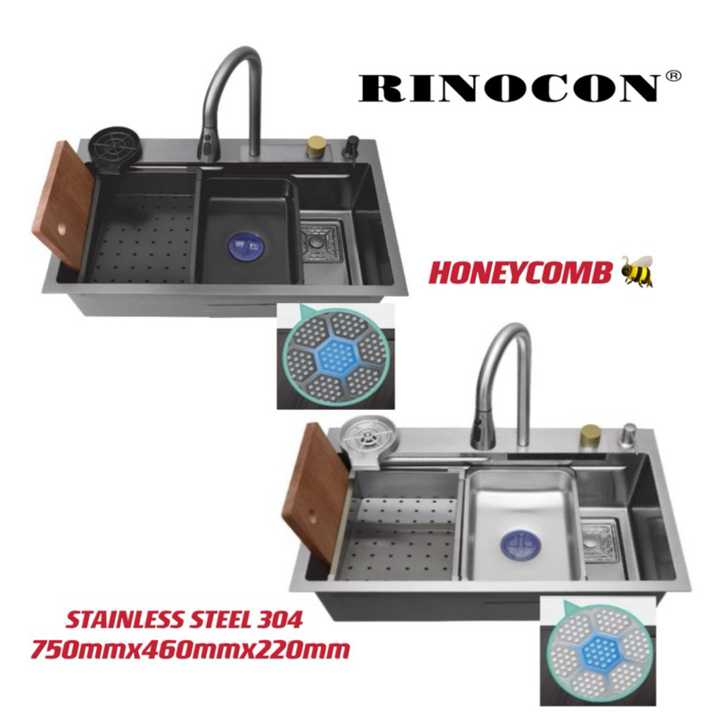 RINOCON STAINLESS STEEL 304 HONEYCOMB KITCHEN SINK COME WITH WATERFALL ...