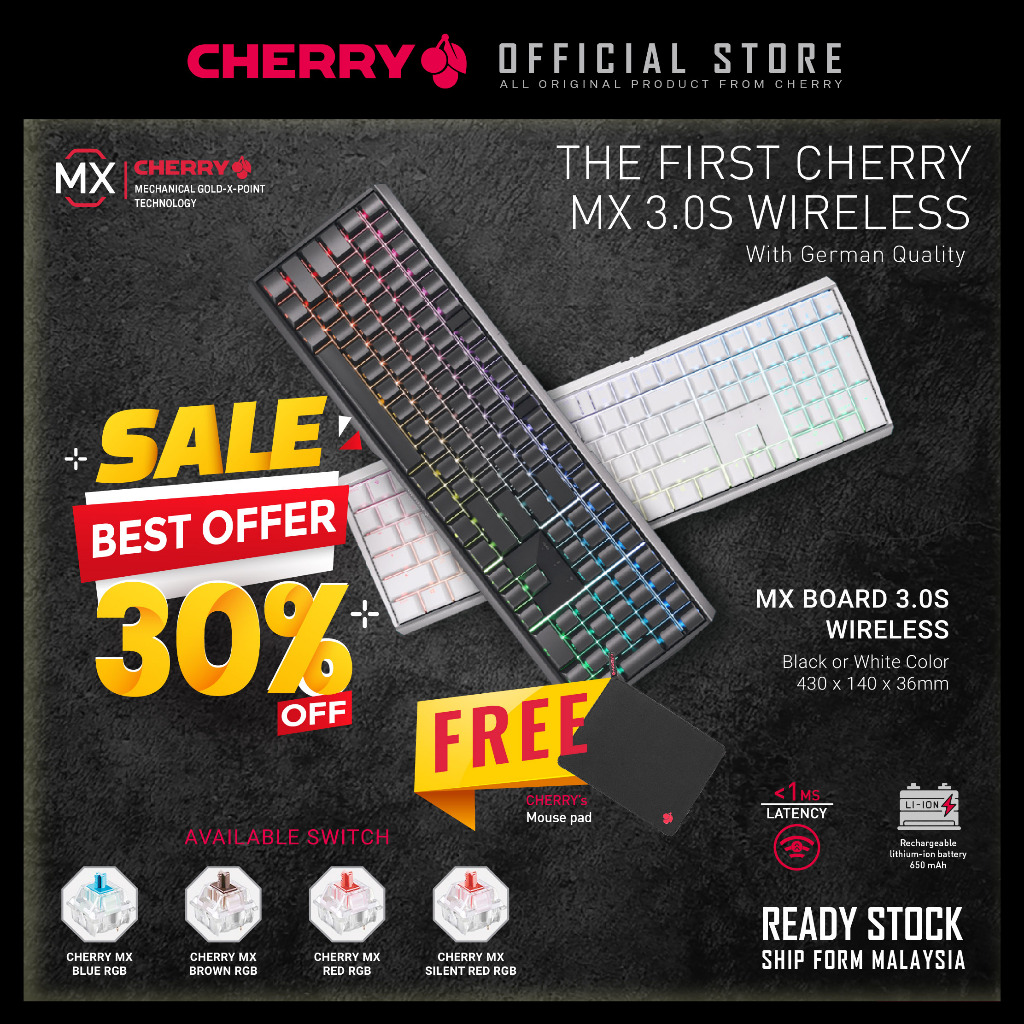 CHERRY MX BOARD 3.0S WIRELESS Aluminum Screwless Mechanical Gaming RGB ...