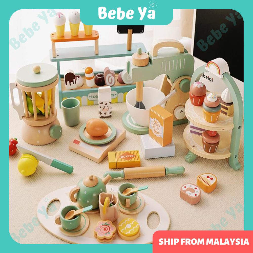Kids Wooden Kitchen Playset - Pretend Play Cooking Dessert Cake Playset ...