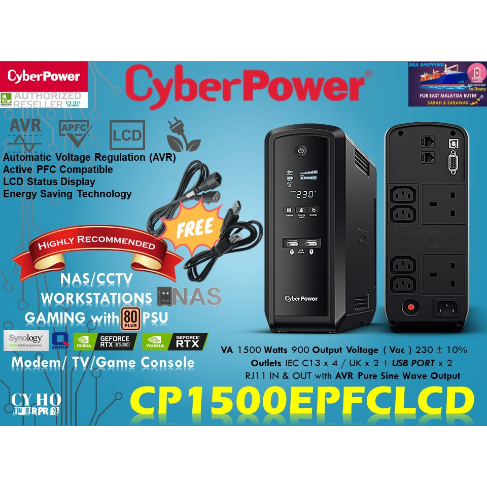 CyberPower CP1500EPFCLCD 1500VA 900W Pure Sine Wave output safeguards ...
