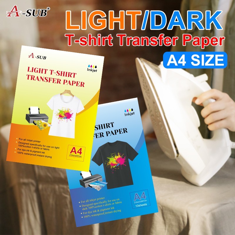 A-SUB A4 Inkjet Printable T-Shirt Heat Transfer Paper for Light/Dark ...