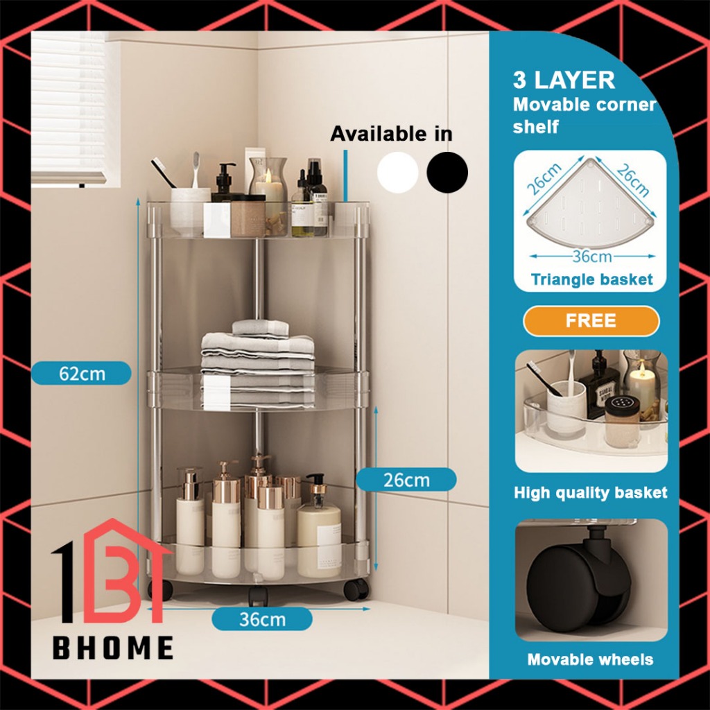 BATHROOM CORNER SHELF 3 TIER TRIANGLE SHELF UNIT PARA PENJURU RAK SEGI ...