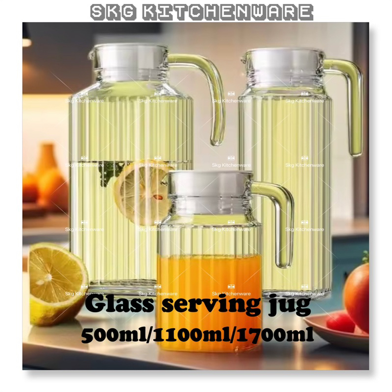 500ml/1100ml/1700ml Drinking Glass Serving Jug With Lid Water Beverage ...