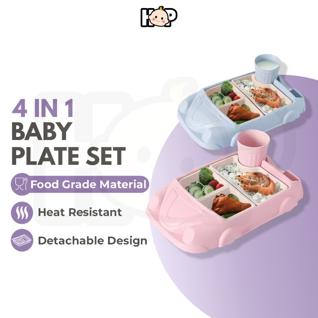 4 in 1 Car-Shaped Bamboo Fibre Plate Baby Set Dinnerware Kid Plate Set ...