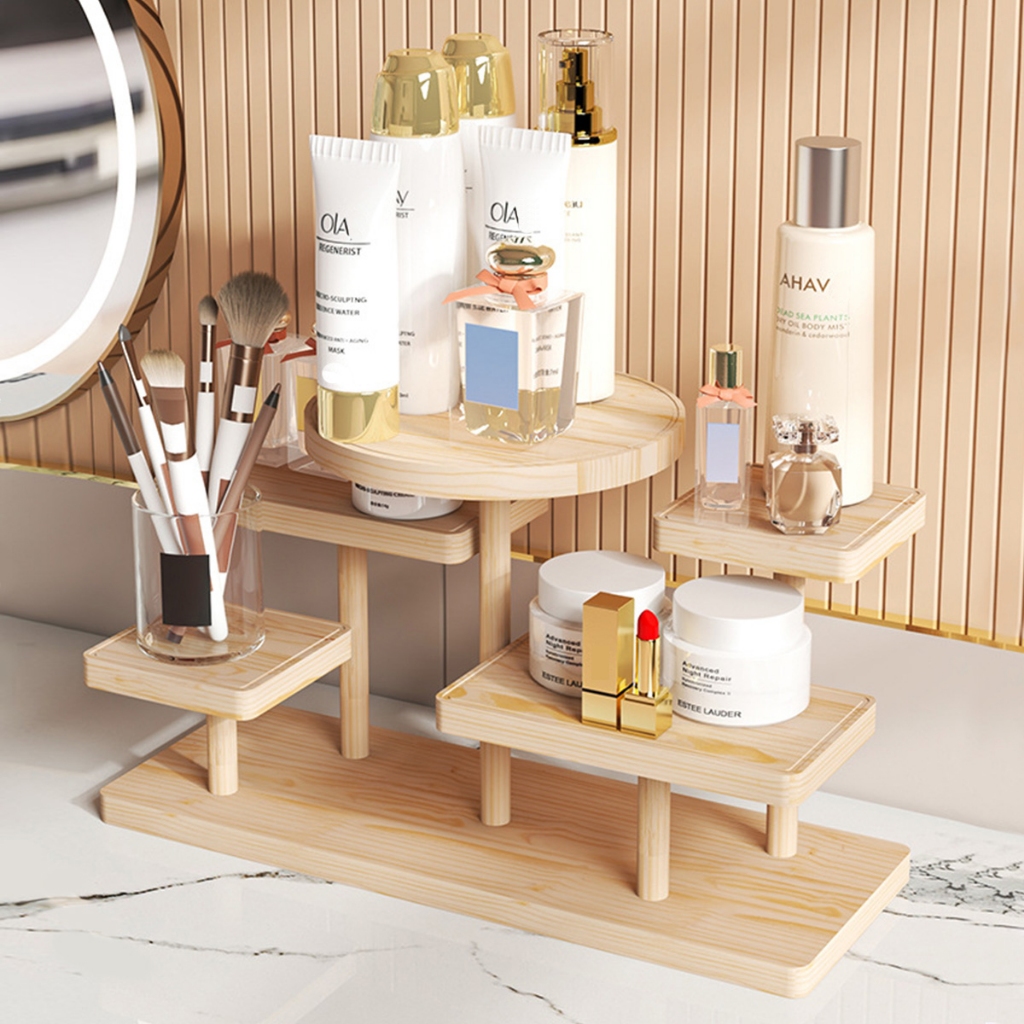 Pine Wooden Display Riser Shelf Desktop Organizer Countertop Rack Solid ...