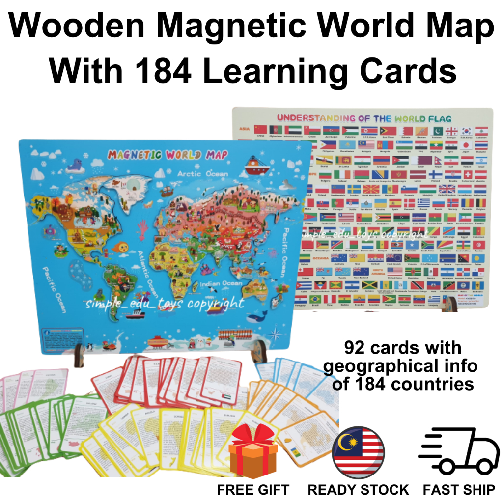 Wooden Magnetic World Map with 184 Geographical Information Card ...