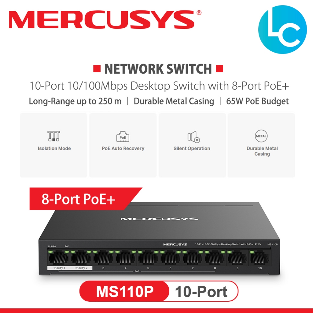 Mercusys MS110P 10-Port 10/100Mbps Desktop Switch with 8-Port PoE+ ...