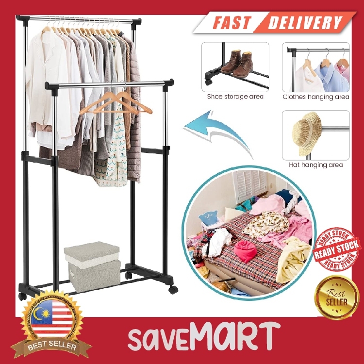 Adjustable Single Double Pole Clothes Rack Garment Hanging Rail Wheels ...