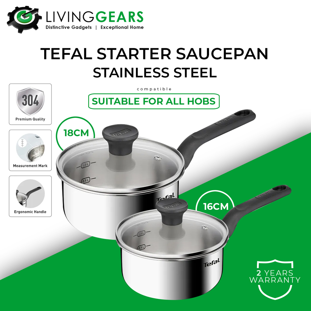 Tefal Starter Saucepan with Glass Lid Stainless-Steel Cookware, Premium quality (16cm / 18cm ...