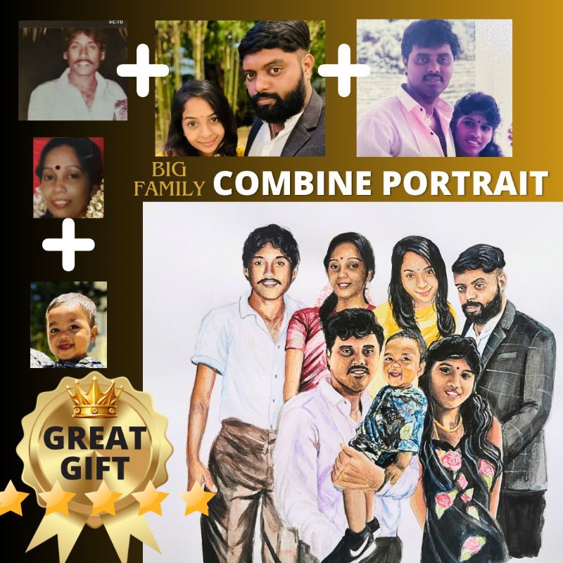 combine family portrait painting A3 size Lukisan Potret 100% tangan ...