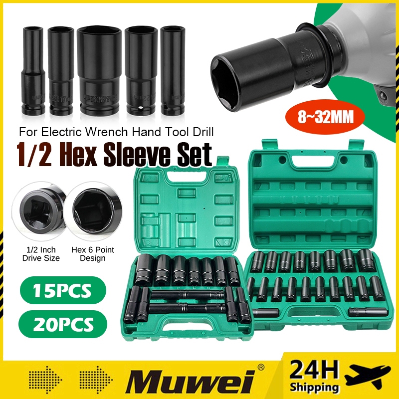 20PCS 1/2 Inch Long Impact Socket Set Black Deep Box Set Tool Set 8mm ...