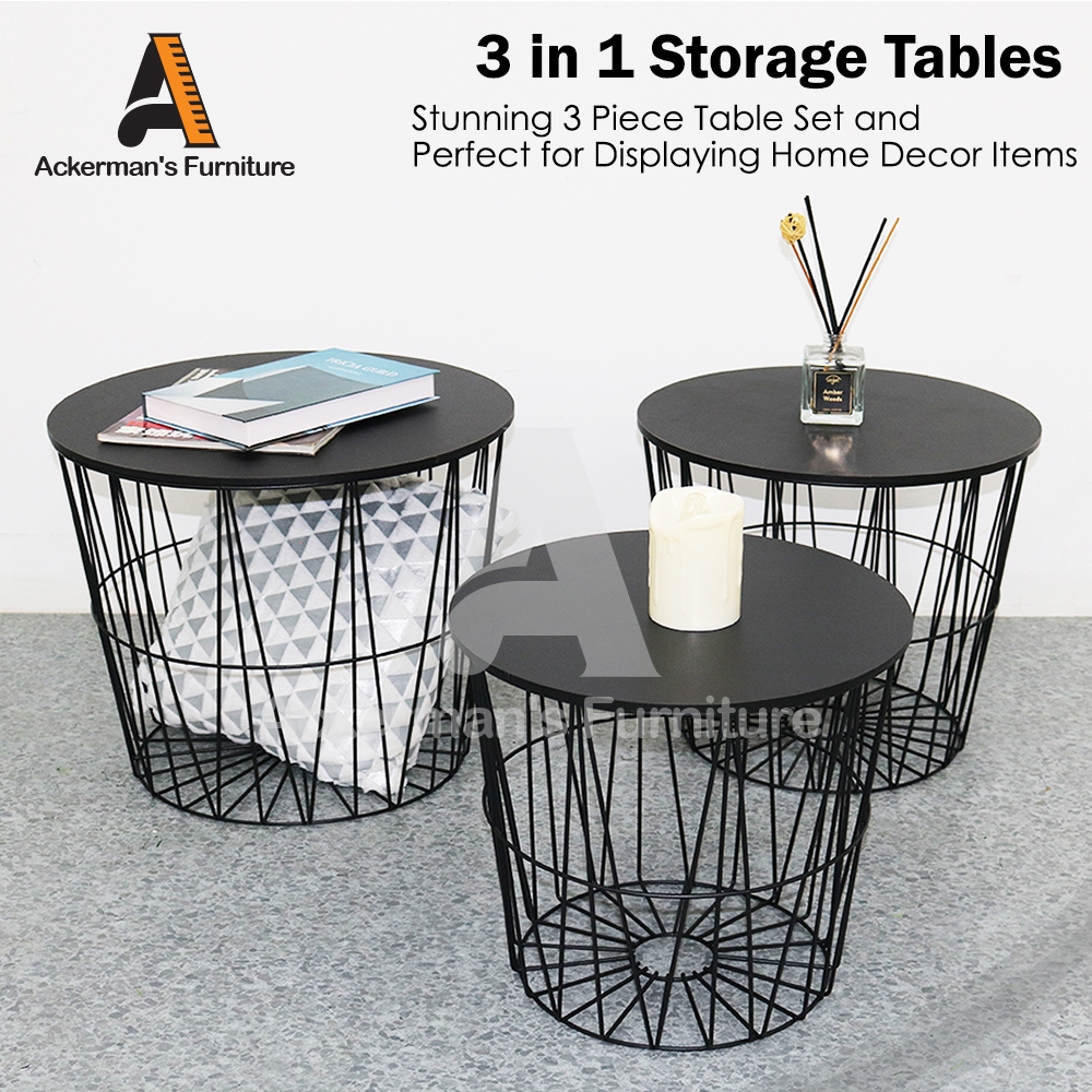 ACKERMAN 3 in 1 Set Round Storage Tables Coffee Table Stackable Metal ...