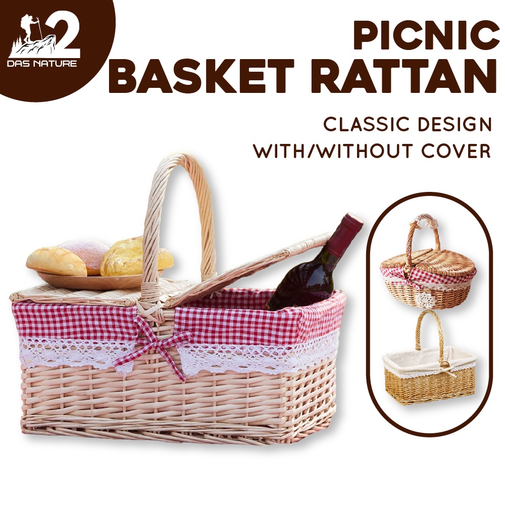 Picnic Basket Rattan Wicker Portable Basket Storage Basket with Lid ...
