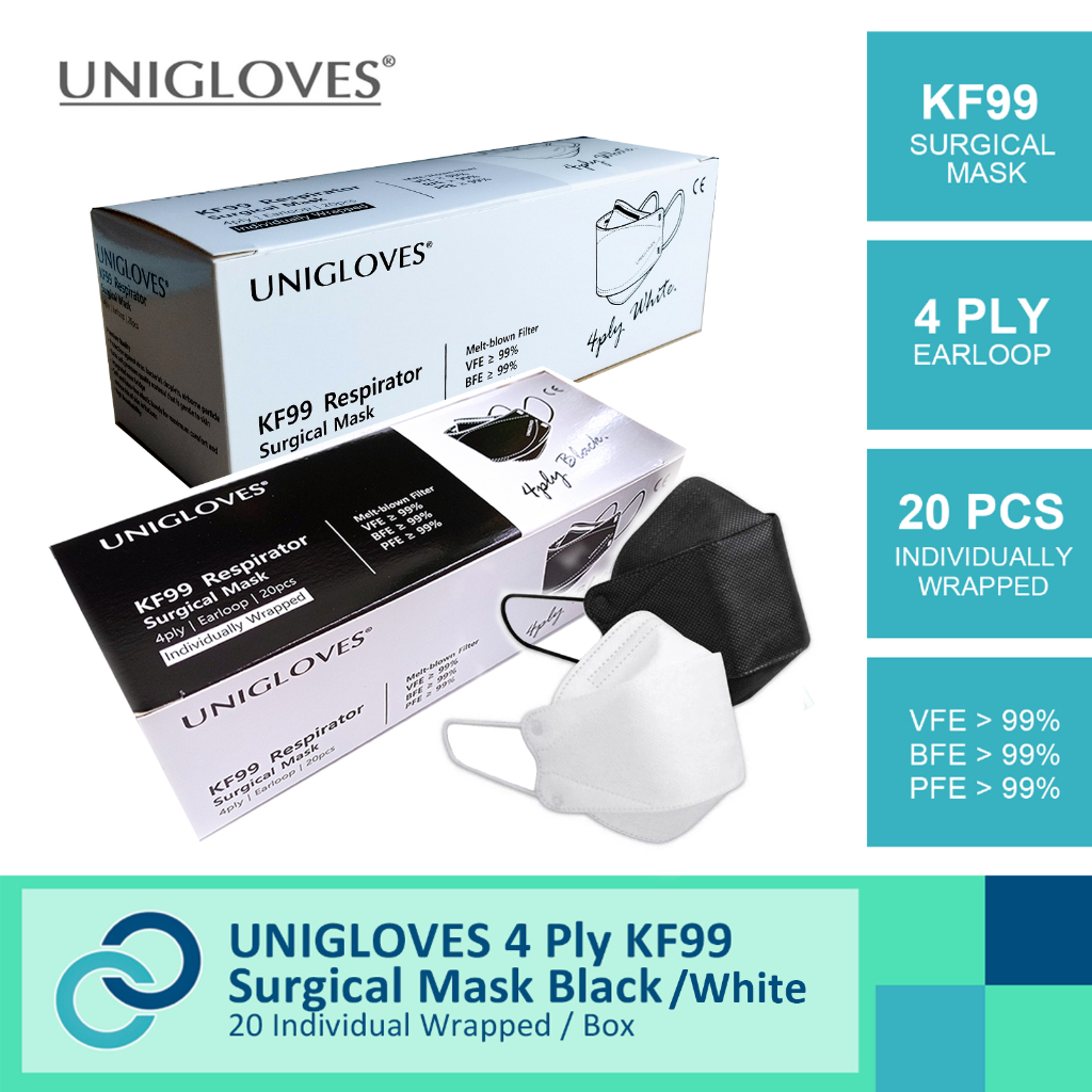 UNIGLOVES KF99 4 Ply Respirator Surgical Mask Black/White 20 Individual ...