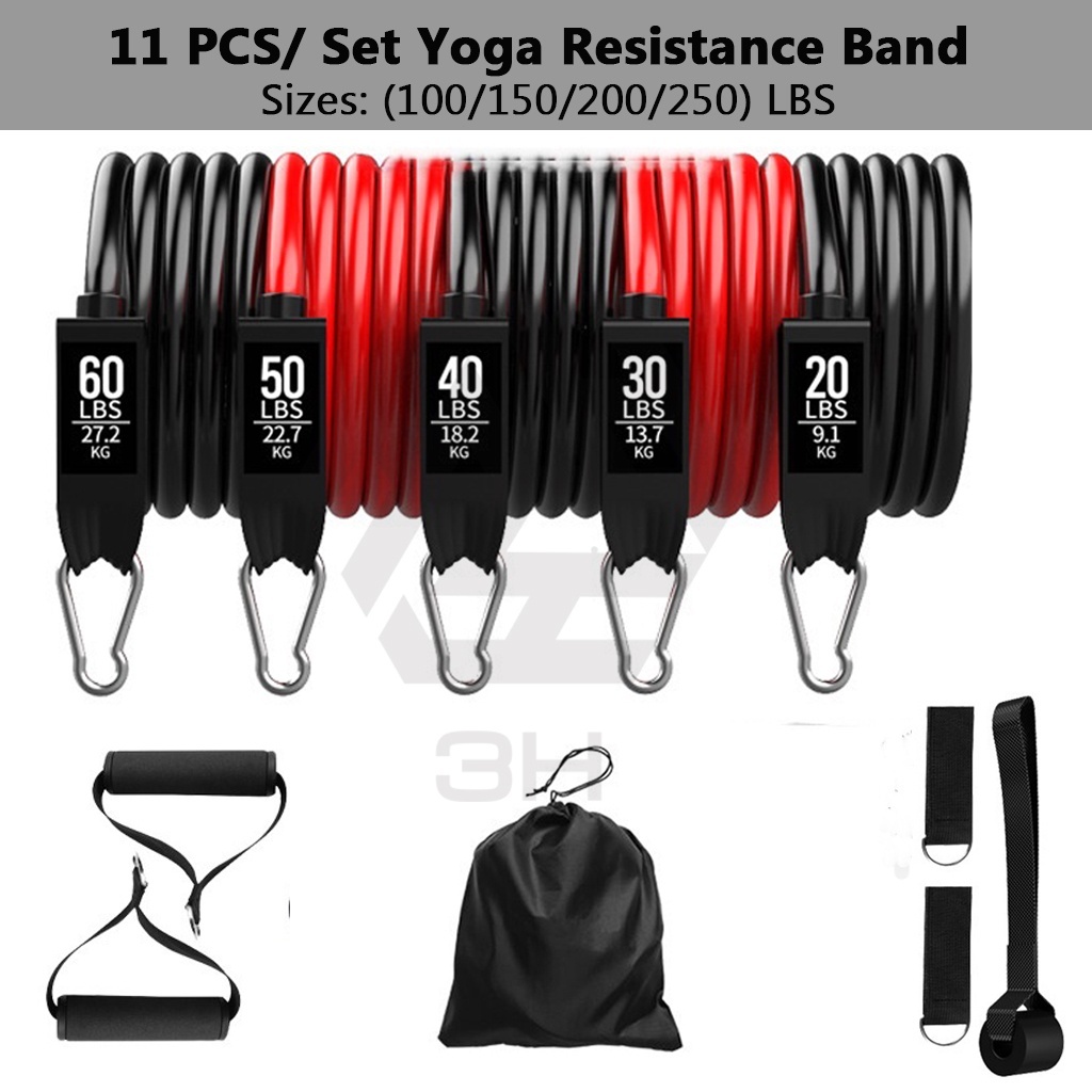 200 Lbs Gym 11pcs Set Exercise Resistance Bands Yoga Fitness Home ...