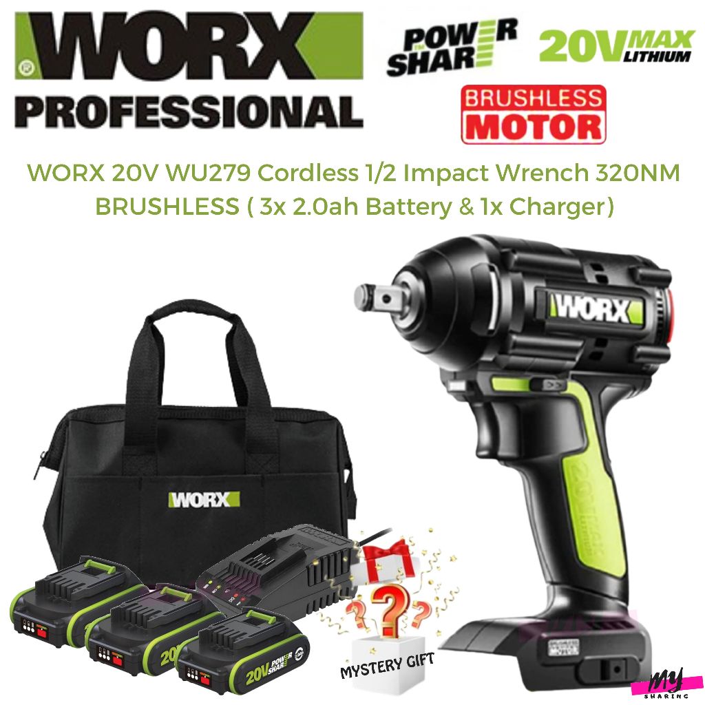 Worx 20v Wu279 Cordless 1 2 Impact Wrench 320nm Brushless 3x 2 0ah