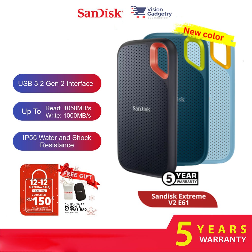 SanDisk Extreme External Portable SSD E61 USB 3.2 Gen 2 IP55 Type-C (1050mbs/500GB/1TB/2TB/4TB ...