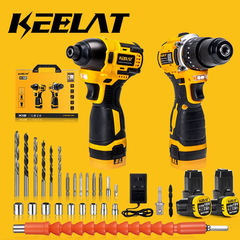 KEELAT KCID02 2 IN 1 COMBO 4 Bateri Drill Impact Driver Brushless ...