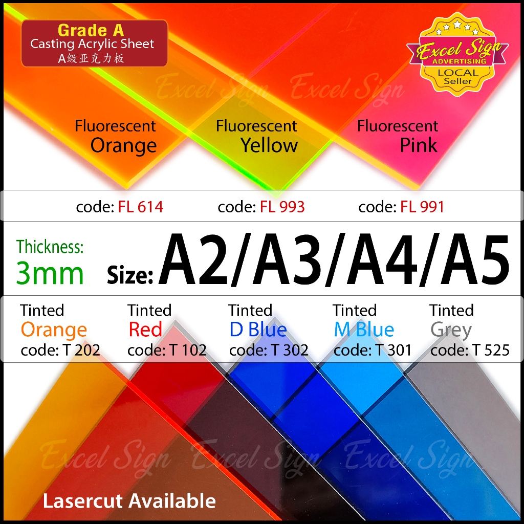 A2/A3/A4/A5 Size Fluorescent & Tinted Colour Acrylic Plate ( Thickness ...