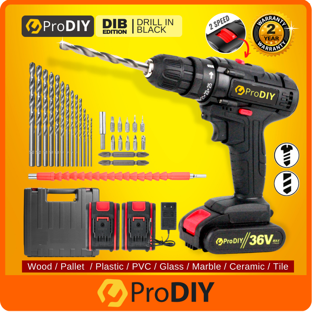 PRODIY DIB Cordless Drill Screwdriver 12v 18v 36v 2 Speed with Battery ...