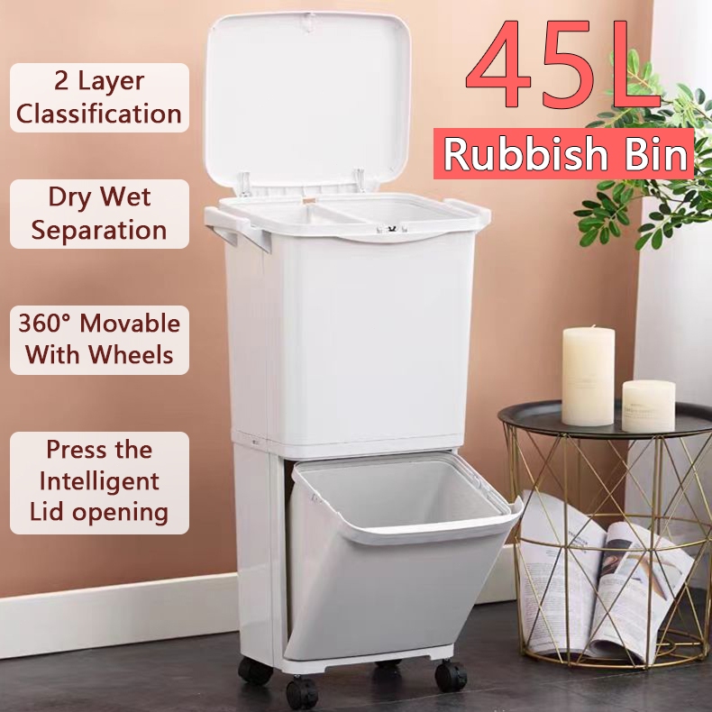 45L Movable Rubbish Bin With Wheel Recycle Trash Garbage Bin Household ...