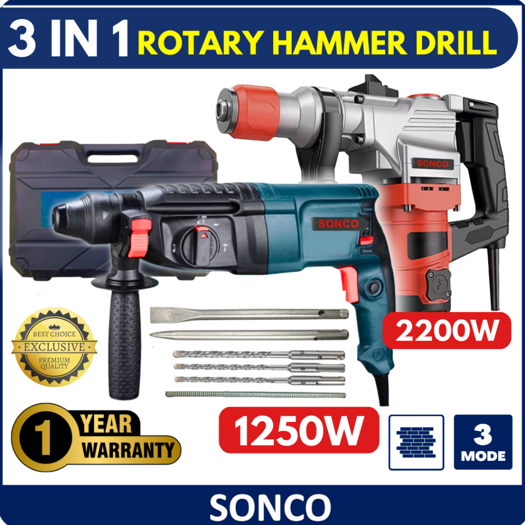 SONCO 2200W Rotary Hammer Drill Power Impact With Handle Chisel ...